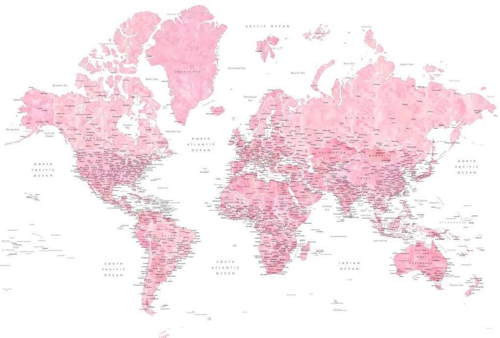 Mapa Detailed pink watercolor world map, Damla, Blursbyai, (40 x 26.7 cm)