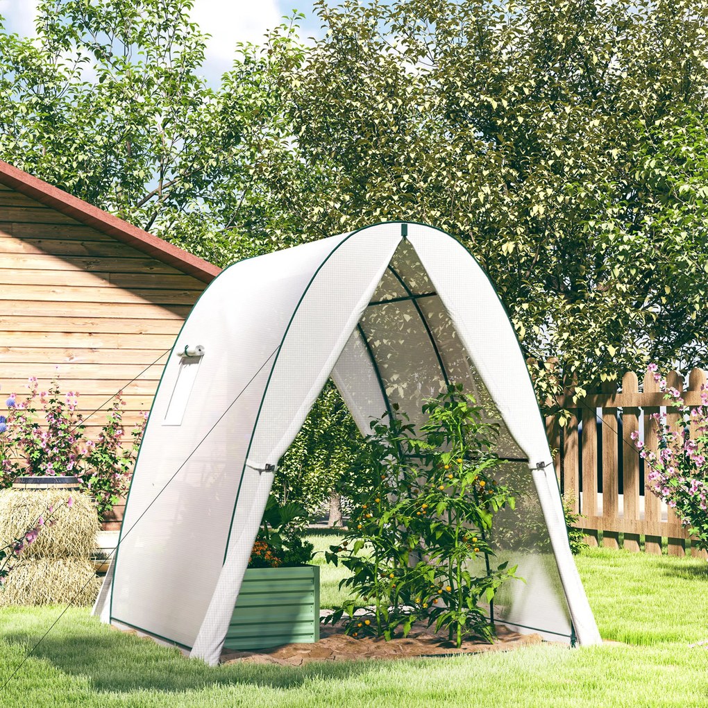 Outsunny Obloukový skleník s pytli s pískem a plastovým krytem, 2 rolovací dveře, síťové okno, přenosný, 1,8 x 1,8 x 2 m, bílý