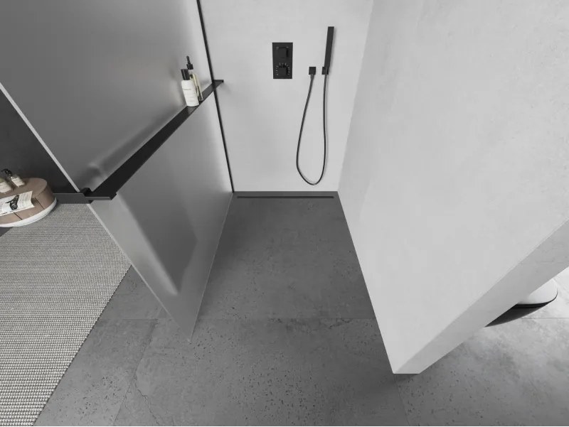 Mexen Kioto+ L, sprchová zástěna Walk-In s poličkou a věšákem 80 x 200 cm, 8mm sklo námraza, černý profil, 800-080-123-70-30