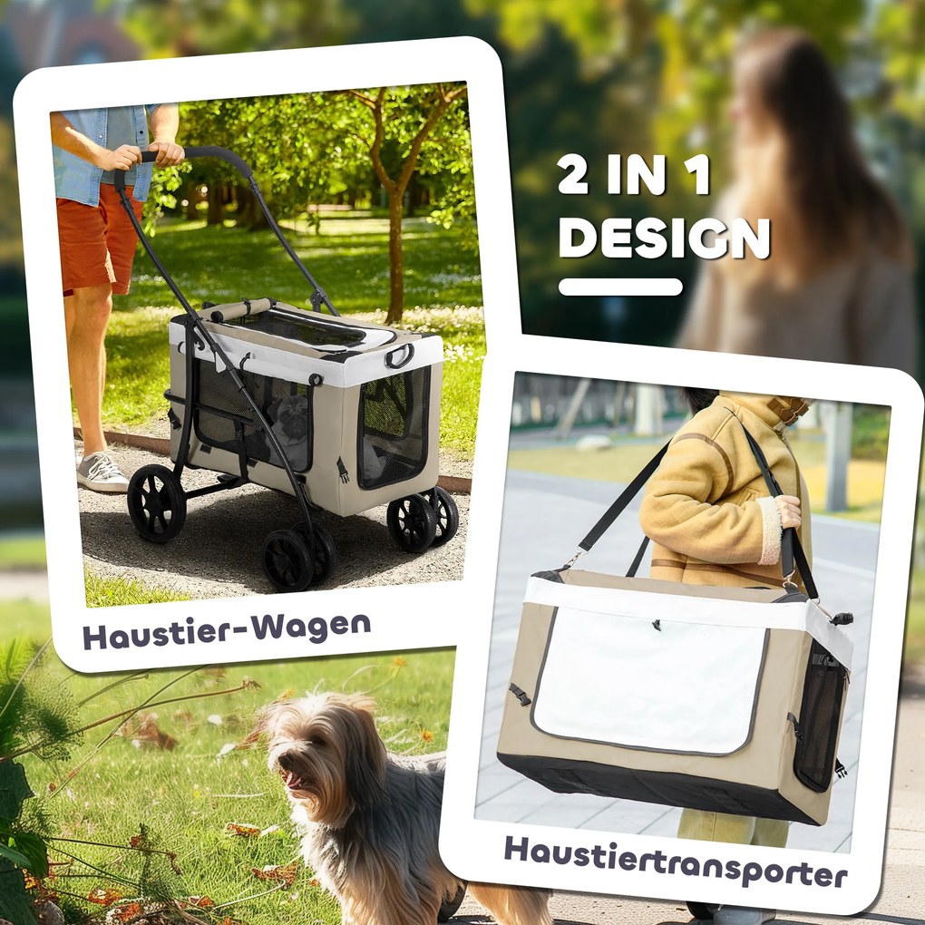 PawHut Kočárek pro psy Pet buggy Kočárek pro psy, skládací, odnímatelný košík, 81 x 58 x 97,5 cm, černá+khaki+bílá