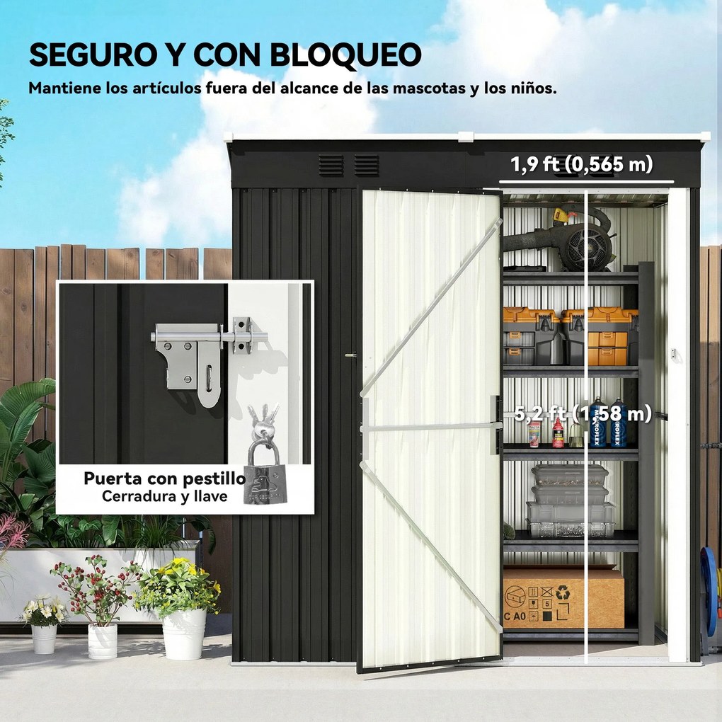 Outsunny venkovní pozinkovaný zahradní domek 1,37 m², 163 x 90 x 179 cm (šířka x hloubka x výška) – uzamykatelné dveře, větrací otvory, úložný prosto…