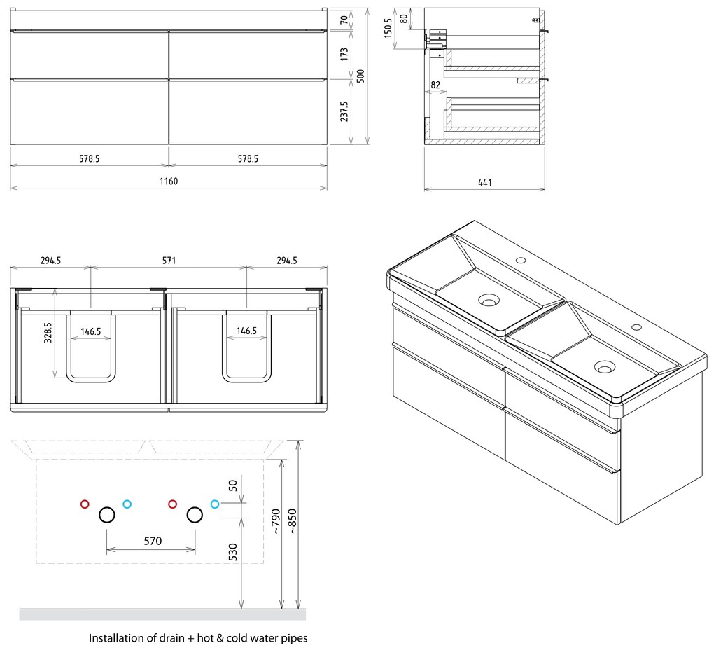 Sapho Sapho, SITIA dvouumyvadlová skříňka 116x50x44, 1cm, 4x zásuvka, bílá matná, SI120-3131
