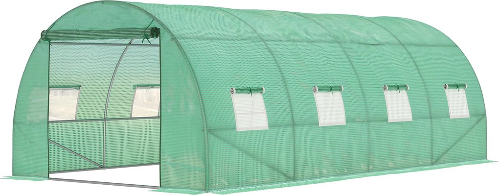 Zelený skleník Outsunny cca 6 x 3 x 2 m, fóliový skleník s 8 okny, rolovacími dveřmi a bočními panely, UV-odolný fóliový tunel, zimní skleník na rajča