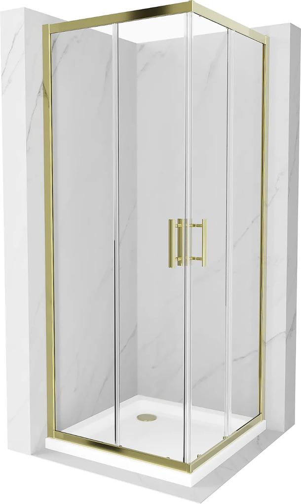 Mexen Rio, čtvercový sprchový kout s posuvnými dveřmi 90 (dveře) x 90 (dveře) x 190 cm, 5mm čiré sklo, zlatý profil + bílá sprchová vanička SLIM, 860-090-090-50-00-4010G
