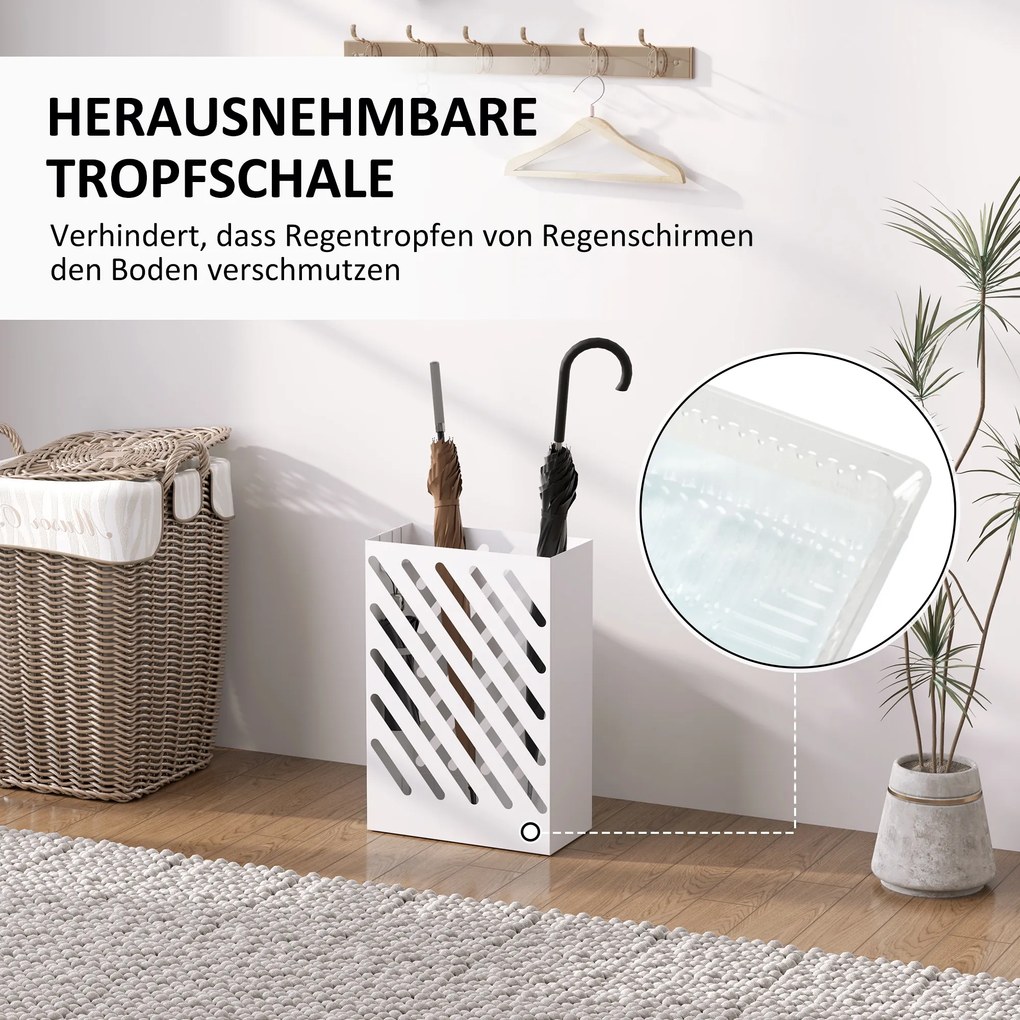 HOMCOM Stojan na deštníky s odkapávací miskou, 4 háčky, ocel, 28L x 14W x 41H cm, bílý
