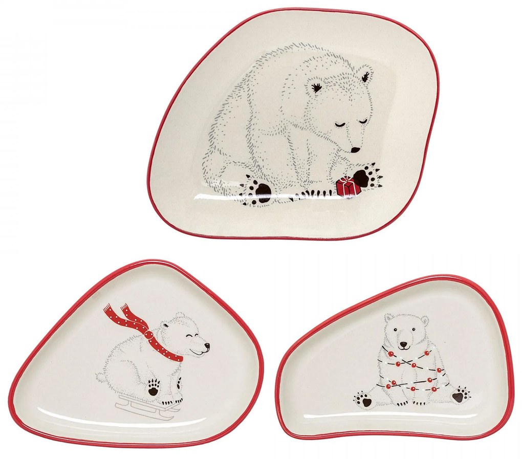 Bloomingville Vánoční talířek Twinkle Medvěd s dárkem, červená barva, krémová barva, keramika