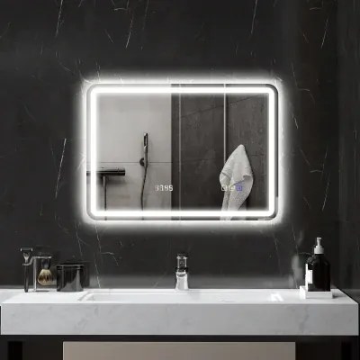 HOMCOM koupelnové zrcadlo s LED světlem 70x50 cm s Bluetooth, 3 barvy světla, digitální hodiny, ochrana proti zamlžení, funkce paměti
