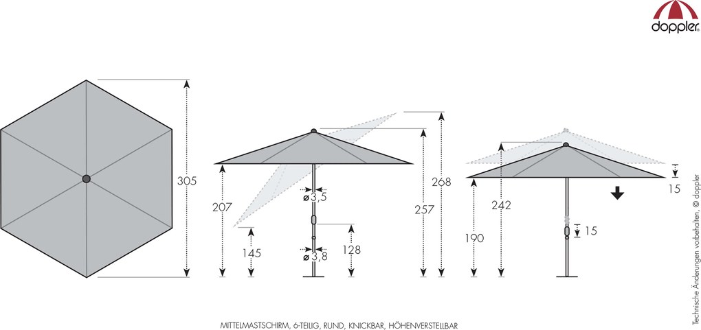 Doppler myZone 305 cm - slunečník s automatickým naklápěním klikou - Rozbalené zboží (S323)