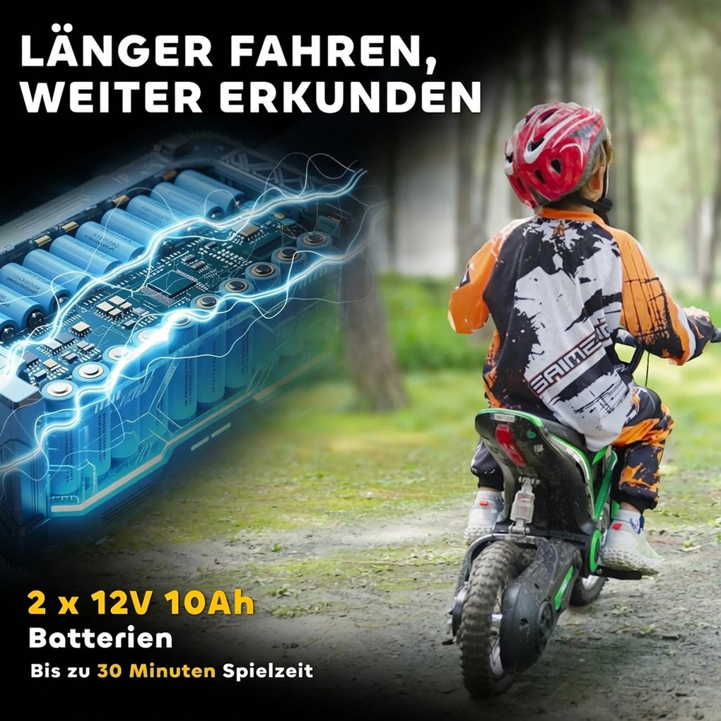 HOMCOM Dětská elektrická motorka 12V s klaksonem a světlem, 8-16 km/h, otočný plyn, pro děti 8-12 let, zelená
