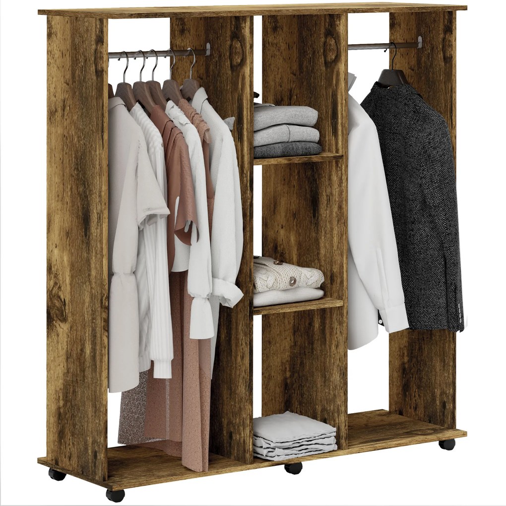 HOMCOM Šatní skříň, nábytek s mobilní úložnou funkcí a 6 kolečky 120 x 40 x 128 cm, hnědé dřevo