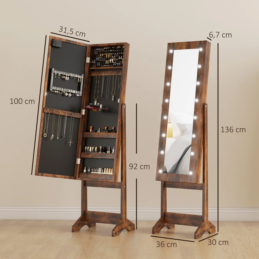 HOMCOM šperkovnice s nastavitelným zrcadlem a LED osvětlením, 36x30x136 cm, rustikálně hnědá