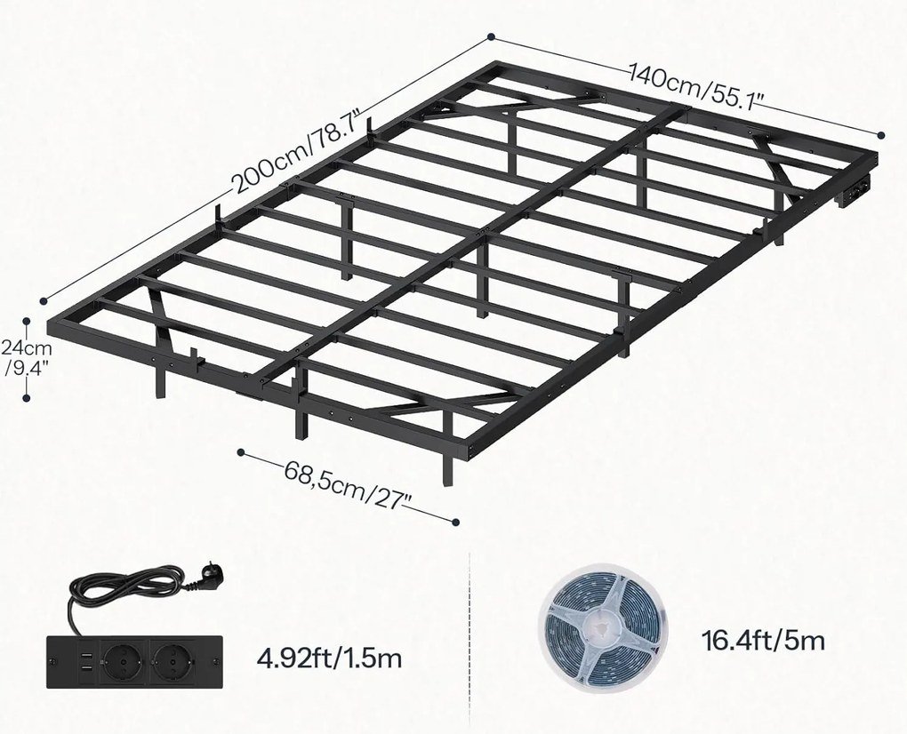 Rám dvoulůžkové postele Workman 140x200 s nabíjecí stanicí a LED osvětlením černý