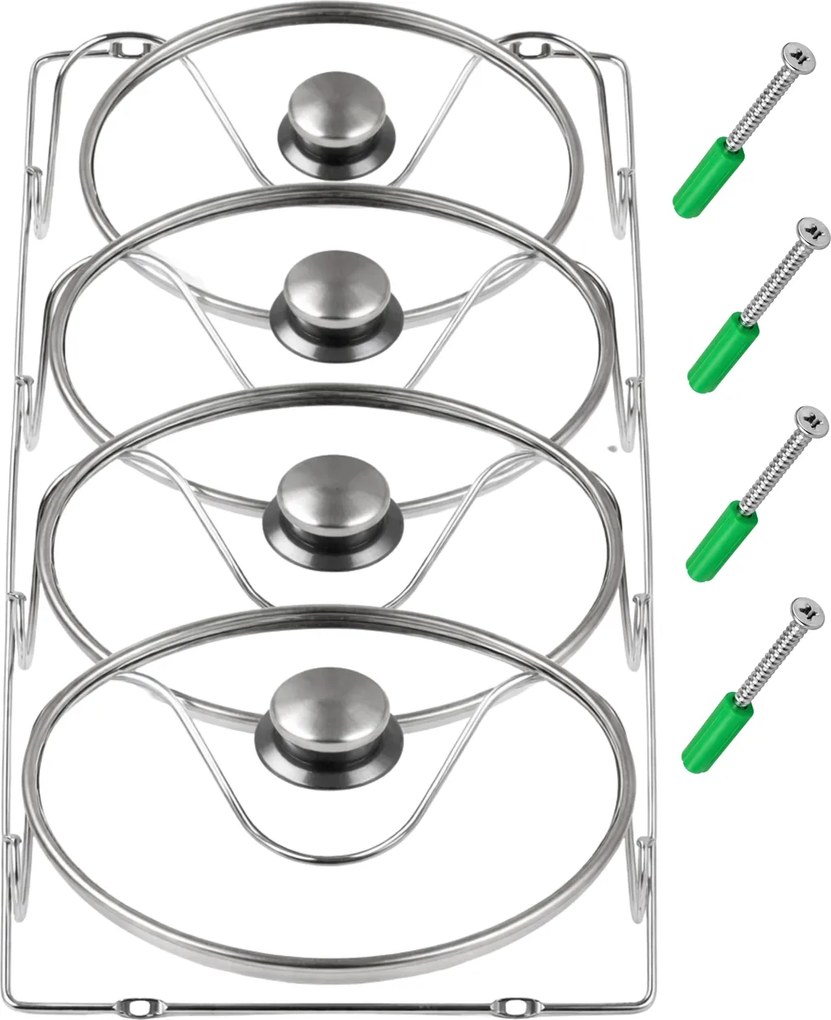 Camerazar Kuchyňský držák na 4 poklice, kovový, nástěnný, k zavěšení na dveře nebo zeď