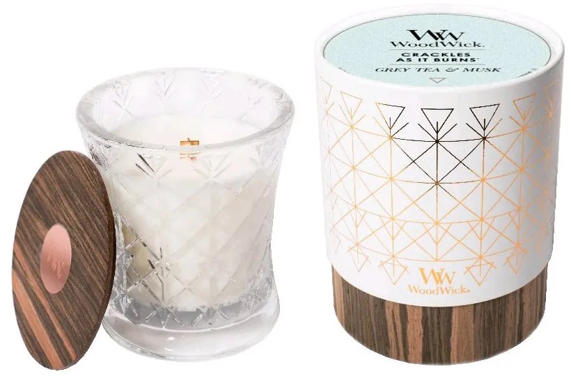 WoodWick - vonná svíčka Šedý čaj a pižmo, kolekce AURA v dárkové krabičce 275g
