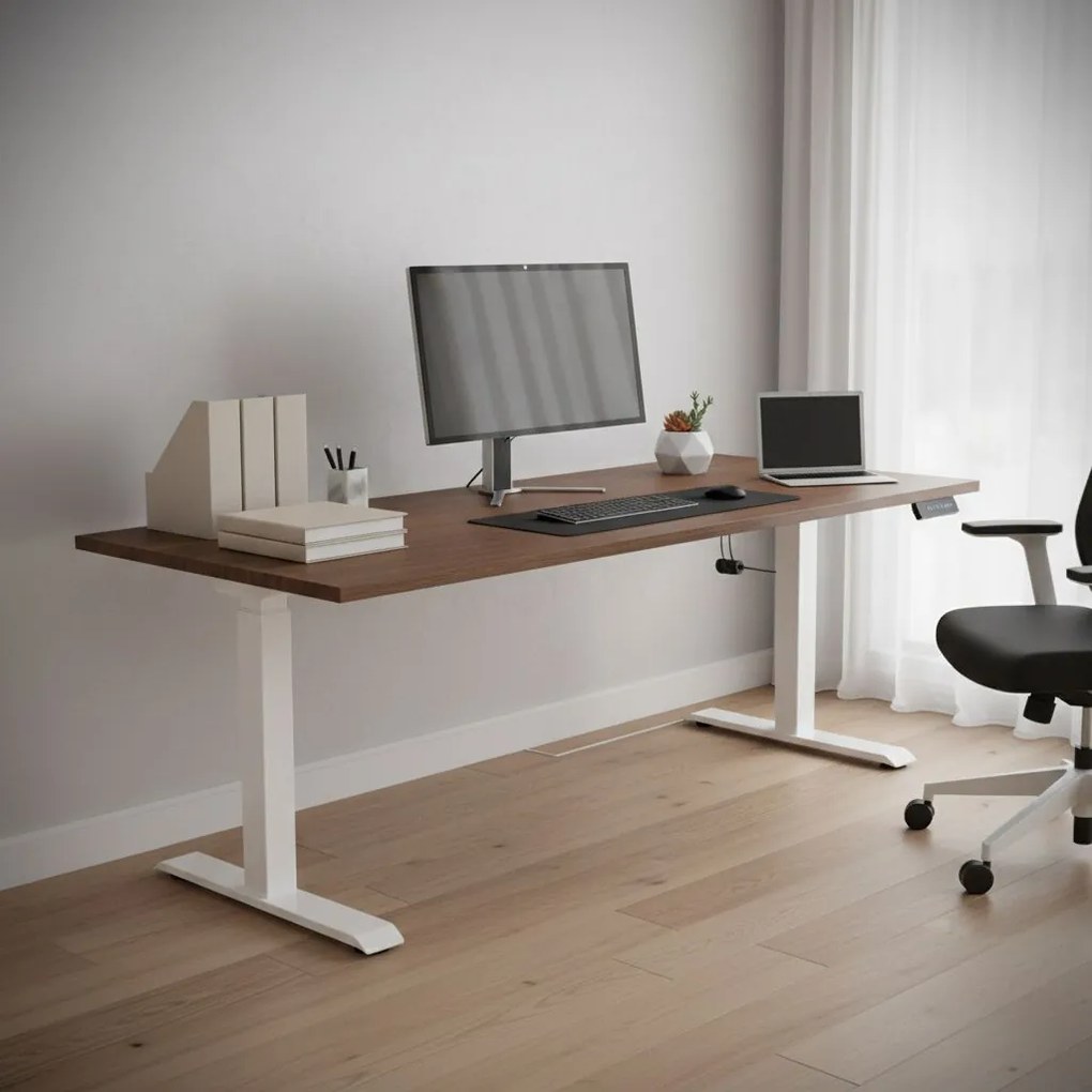 Výškově nastavitelný stůl OfficeTech C, 200 x 80 cm, bílá podnož, dub silverjack