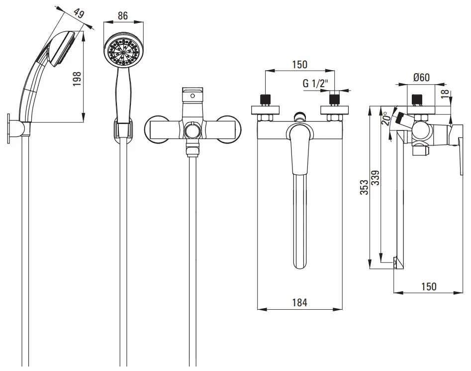 Deante Tubo, nástěnná vanová baterie s prodlouženým ramenem 339mm a ruční sprchovou soupravou, chromová, DEA-BUT_057M