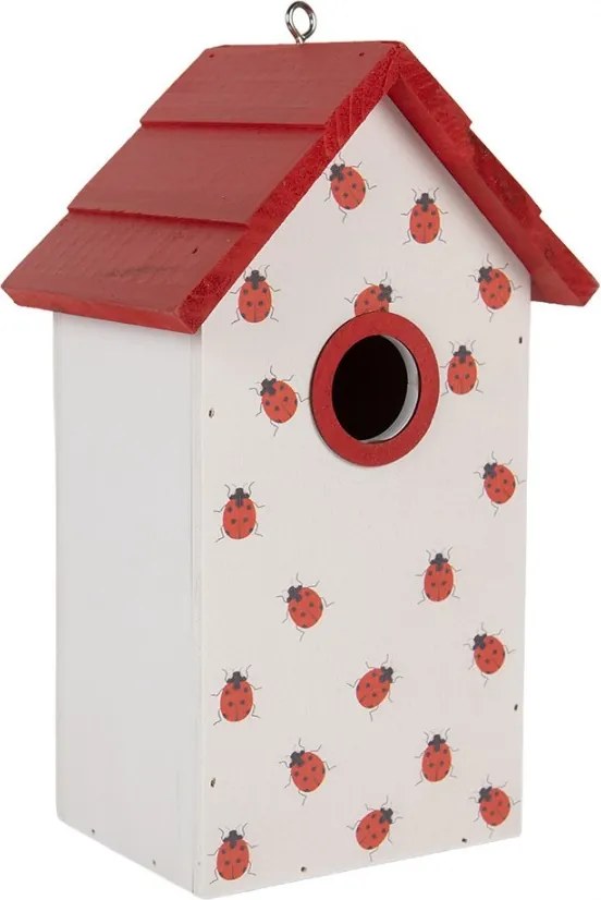 Bílo-červená dřevěná ptačí budka s beruškami Birdhouse - 15*10*22 cm