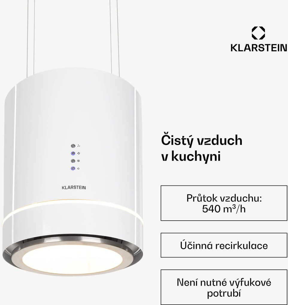 Klarstein Tron Ambience, digestoř, 38 cm, ostrůvková, 540 m³/h, LED, bílá