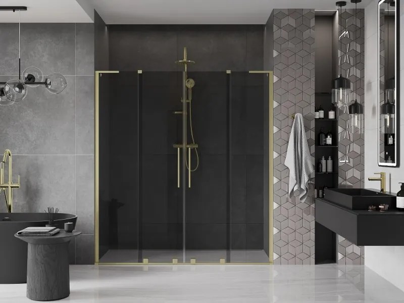 Mexen Velar L Duo, posuvné sprchové dveře do otvoru 200 cm, 8mm šedé sklo, zlatá matná, 871-200-003-42-55