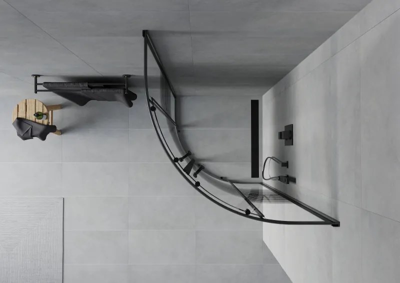 Mexen Rio, čtvrtkruhový sprchový kout s posuvnými dveřmi 80 (dveře) x 80 (dveře) x 190 cm, 5mm čiré sklo s pásky, černý profil, 863-080-080-70-20