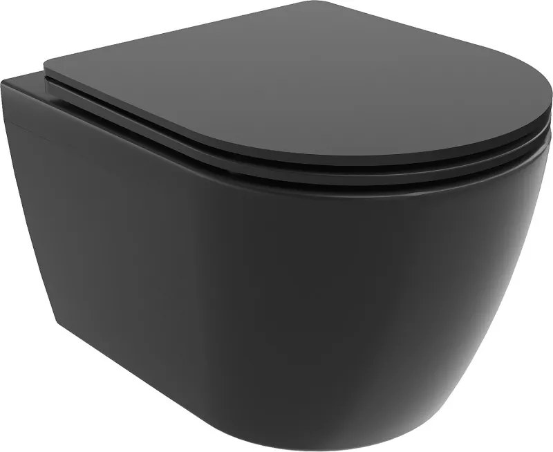 Mexen Carmen, závěsná WC mísa 490x365x340 mm, Rimless Tornádo + WC sedátko z duroplastu, černá matná, 30881085T