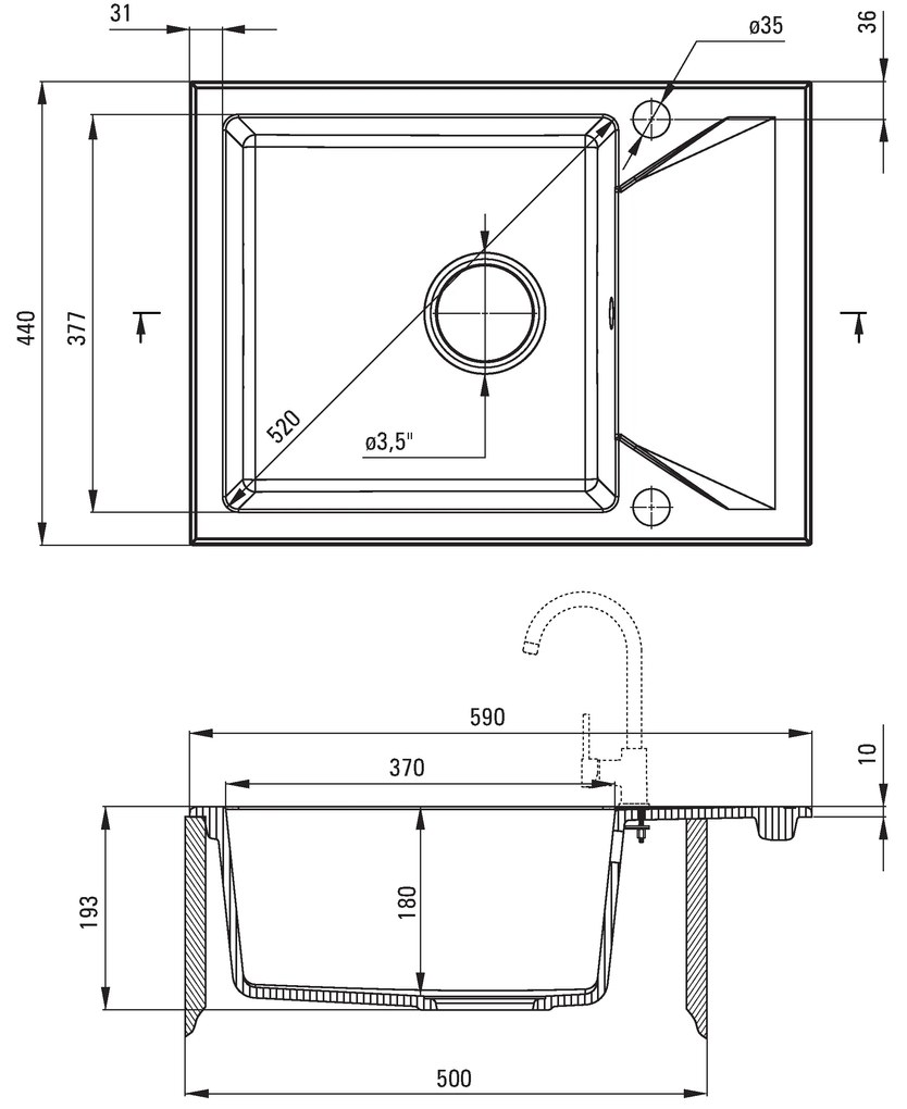 Deante Evora, granitový dřez na desku 590x440x193 mm Z/KO, 3,5" + prostorově úsporný sifon, 1-komorový, šedá, ZQJ_S11A