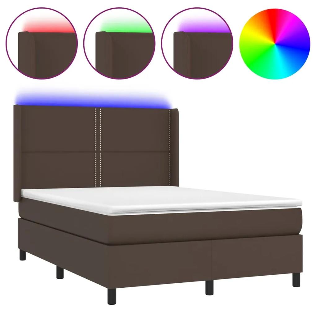 vidaXL Box spring postel s matrací a LED hnědá 140x190 cm umělá kůže