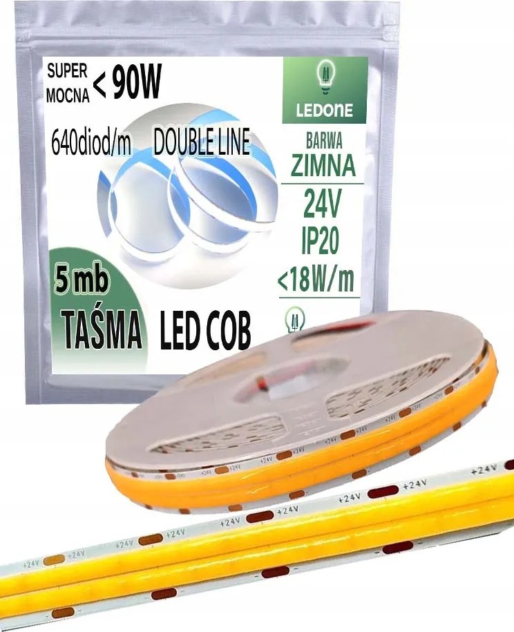 Led Páska Cob 24V silná 18W/m 1800 lm/m Neon linka Double studená 5M