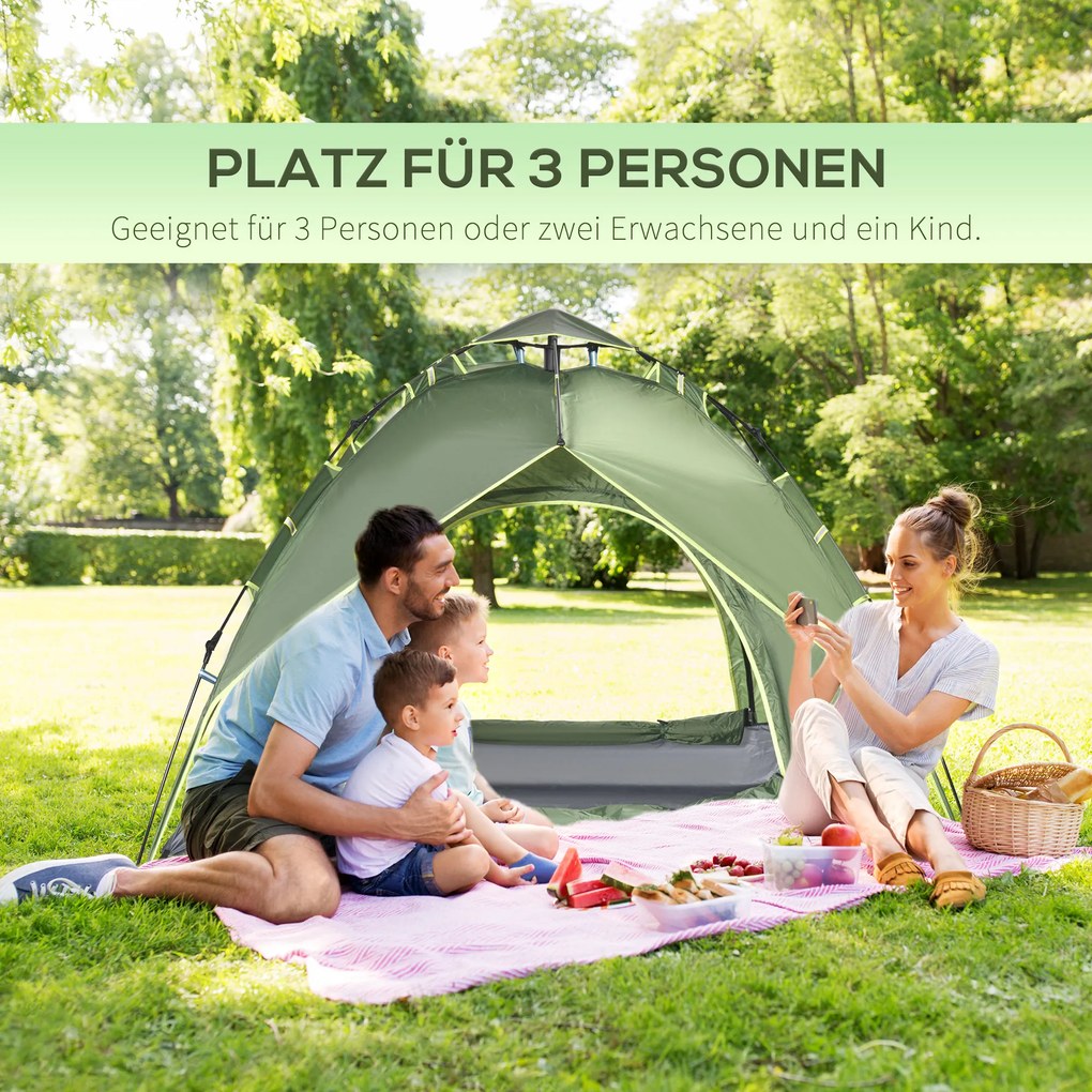Outsunny kempinkový stan pro 2 dospělé + 1 dítě, nepromokavý, 4 roční období, 210x210x140cm, ideální pro venkovní dobrodružství