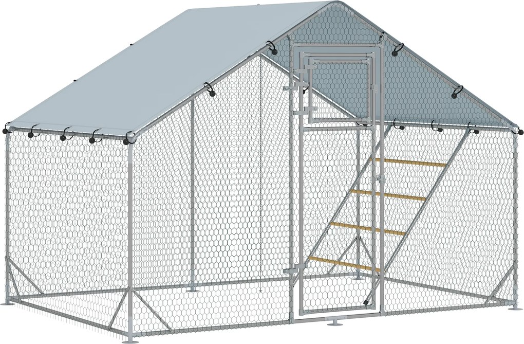 Ocelový výběh pro kuřata PawHut, 300 x 200 x 195 cm, klec pro kuřata s krytem odolným proti UV záření, dvířka na krmení, závěsné krmítko, bidýlko, vý…