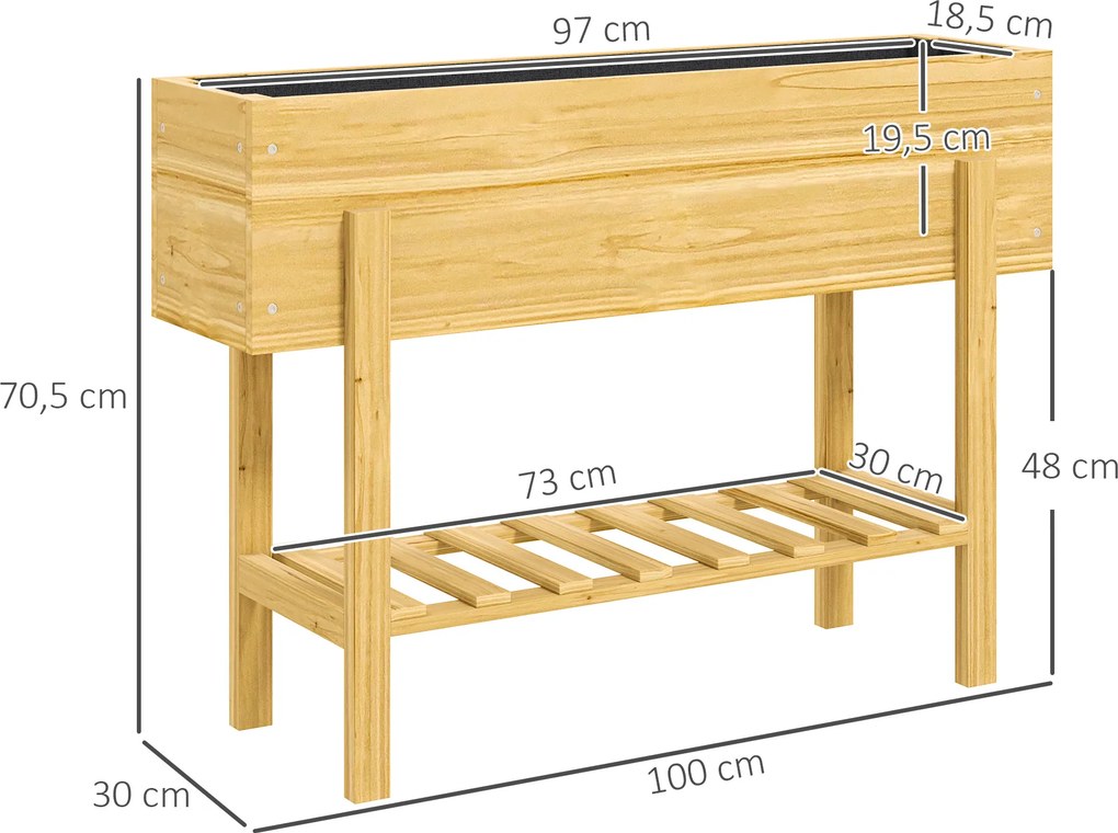 Květinový truhlík se spodní policí, dřevěné lůžko s fleecovou podšívkou a odtokovými otvory, 100 x 30 x 70,5 cm, přírodní dřevo