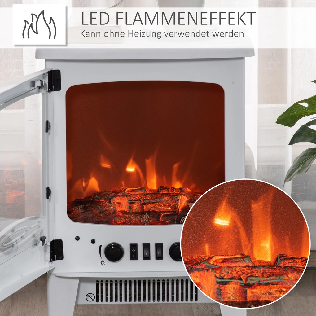 Elektrický krb HOMCOM LED s efektem plamene 900/1800 W z kovu a ABS plastu v bílé barvě 39 x 26 x 54,8 cm pro útulnou atmosféru |