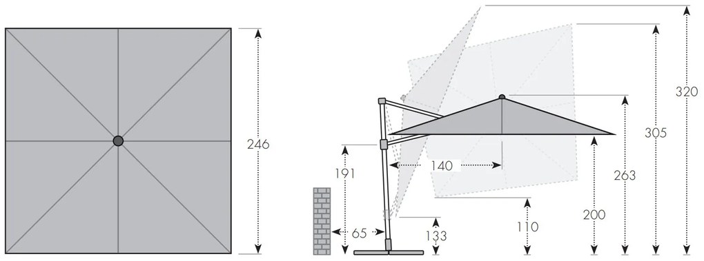 DERBY Ravenna 250 x 250 cm – zahradní slunečník s boční tyčí a LED osvětlením