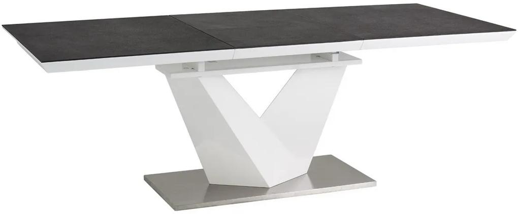 Jídelní rozkládací stůl ALARAS II 120-180x80 cm, bílý lak, sklo černé, leštěná ocel