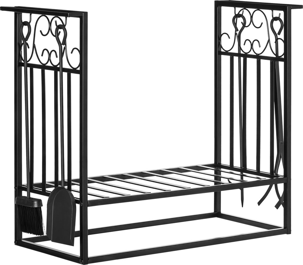 HOMCOM Stojan na palivové dřevo s krbovým nářadím 75 x 30 x 60 cm, černý ocelový stojan na palivové dřevo, skladování palivového dřeva a krbové nářadí