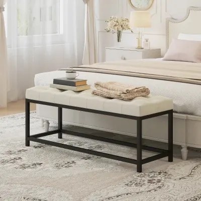 HOMCOM čalouněná lavice z sametu, design Capitonné, kovový rám pro ložnici, předsíň, obývací pokoj, krémová