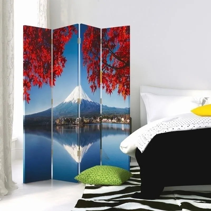 Ozdobný paraván Japonská sopka hora Fudži červená - 145x170 cm, čtyřdílný, klasický paraván