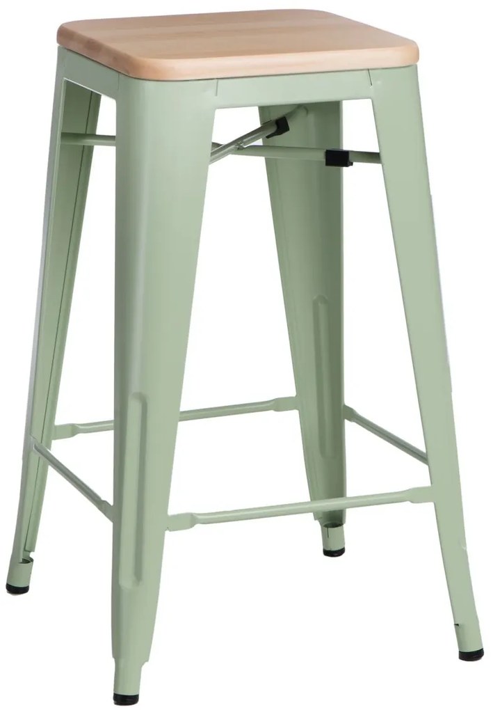 Culty Zelená kovová barová židle Tolix 65 s dřevěným sedákem