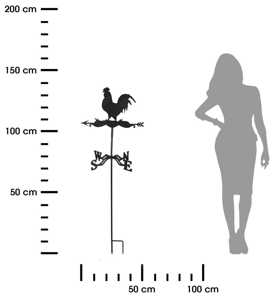 Zapichovací ukazatel větru Rooster, 134x45 cm, kov, hnědá