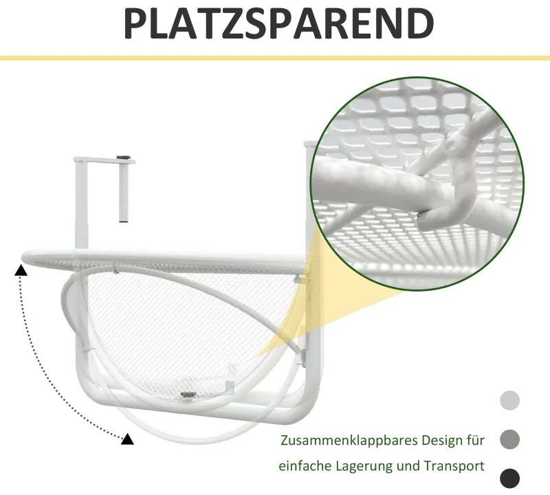 Outsunny Balkonový závěsný stolek půlkruhový, výškově nastavitelný, Ø30 cm, bílý, 60 x 45 x 50 cm 84B-295WT