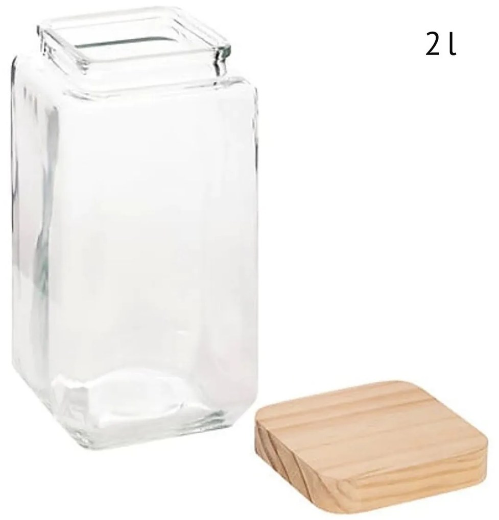 5Five® Skleněná bytelná dóza hranatá s dřevěným víkem, 2l KWADR