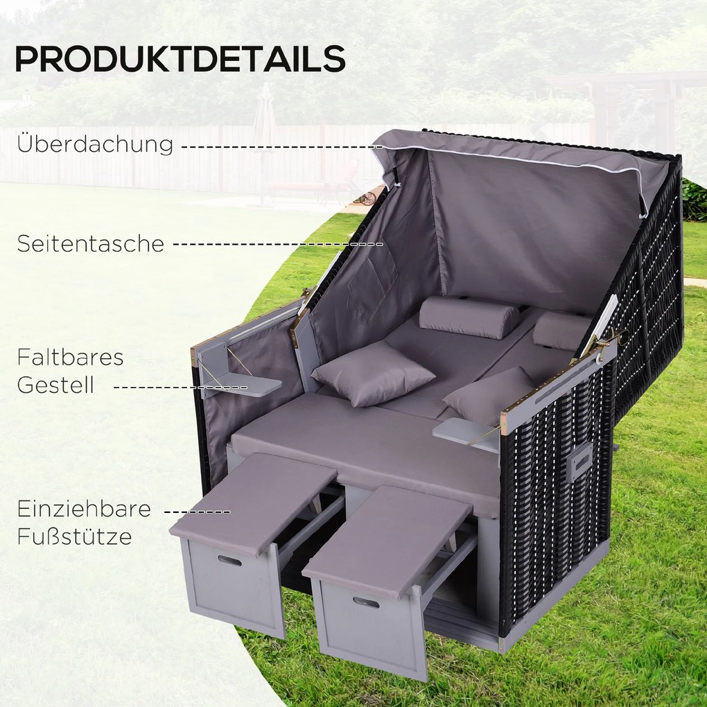 Outsunny plážové lehátko s plným sklápěním dvojité lehátko se střechou zahradní lehátko držák na kelímek lehátko PE ratan šedé 118 x 79 x 50 cm | Aos…
