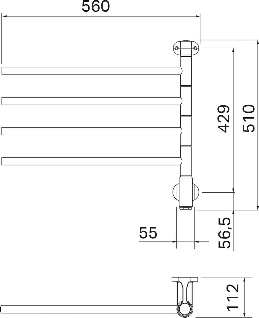 Elektrický sušák na ručníky – nerezový a černý koupelnový žebřík - 4 otočná oblouková ramena (PAX FLEX I) Varianta el. žebříku: Černý - s časovačem