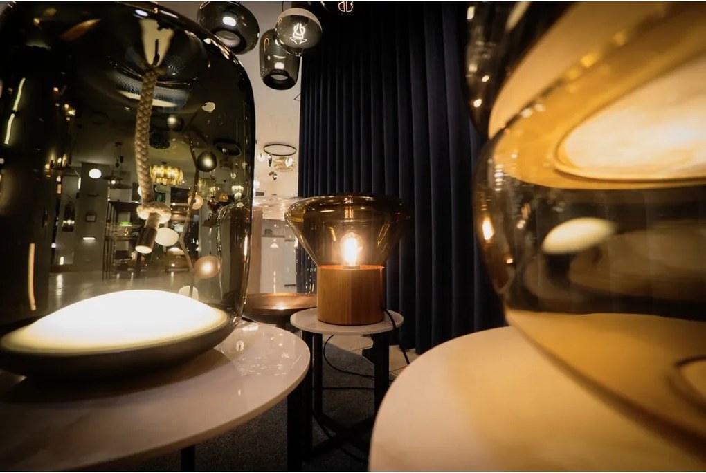 Designová lampa Brokis Muffins Wood PC849, 1xE27 Barva skla: Fialová - transparentní sklo, Podstava: Červený mramor matovaný