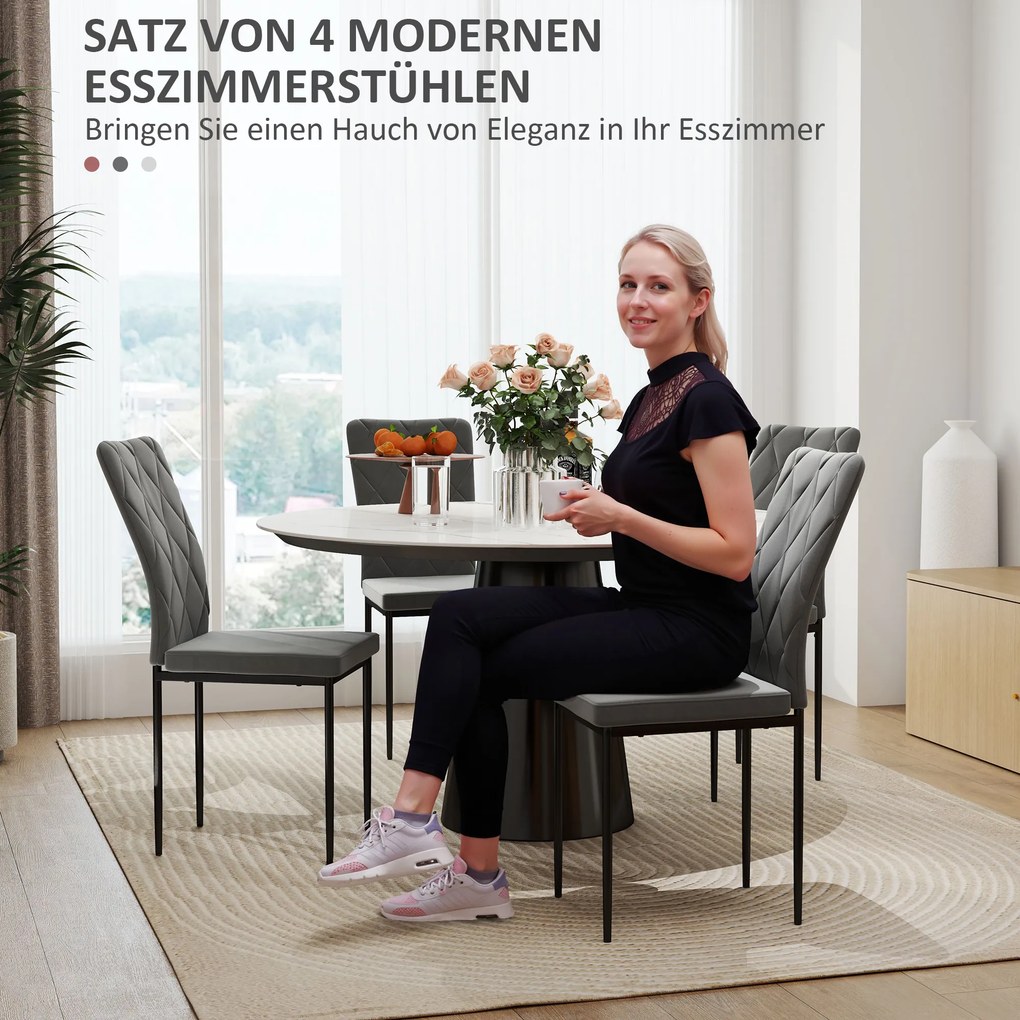 Sada 4 jídelních židlí HOMCOM s opěradlem, sametový vzhled, čalouněná židle se ocelovými nohami, moderní židle do obývacího pokoje pro jídelnu, tmavě…