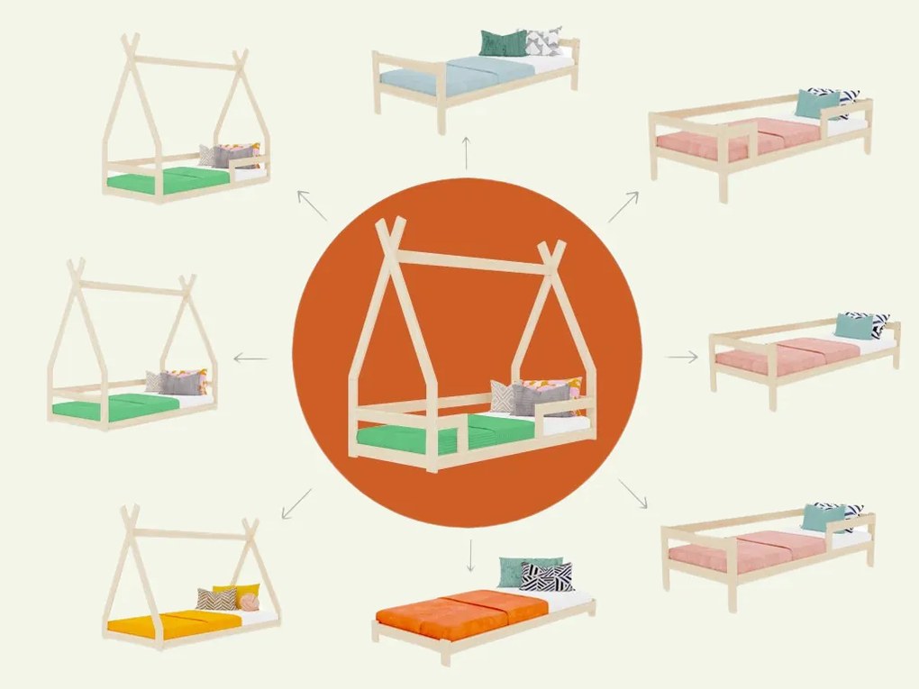 Benlemi Dětská nízká postel SAFE 9v1 ve tvaru teepee se zábranou Zvolte barvu: Béžová, Zvolte rozměr: 90x190 cm, Zvolte zábranu: Se dvěma zábranami