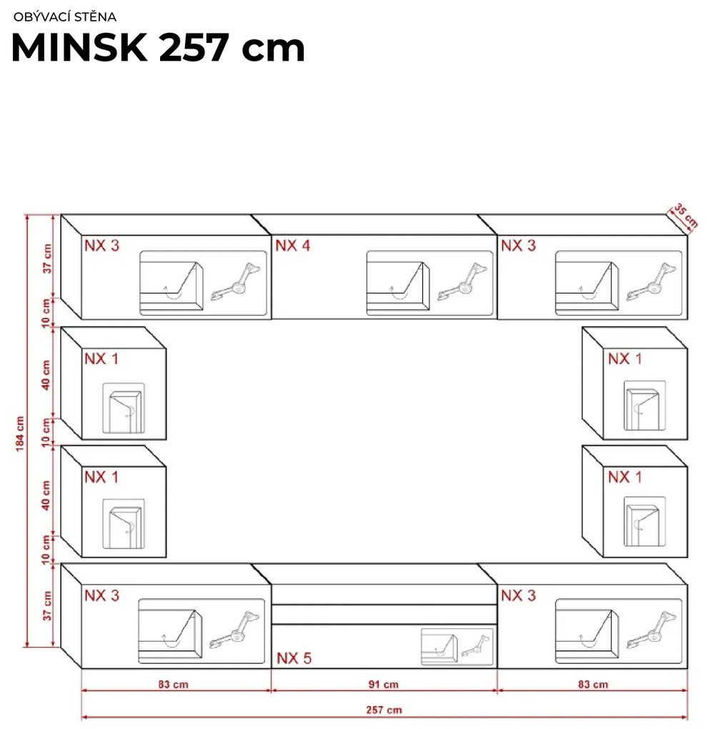 Ral Obývací stěna MINSK 1, 257 cm - Černý lesk