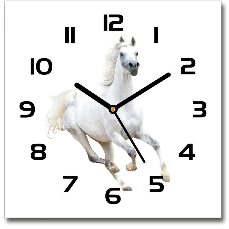 Wallmuralia Skleněné hodiny na stěnu Bílý arabský kůň 30x30 cm