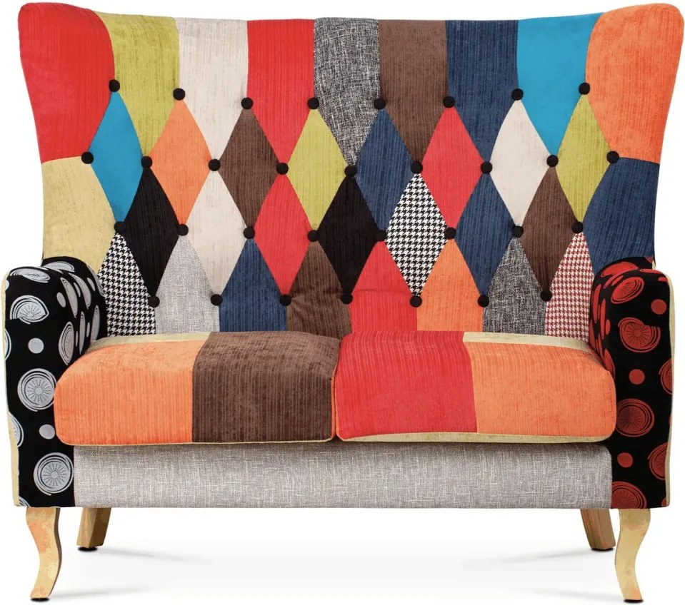 Dvojsedačka, potah látka patchwork, dřevěné nohy, masiv kaučukovník patchwork