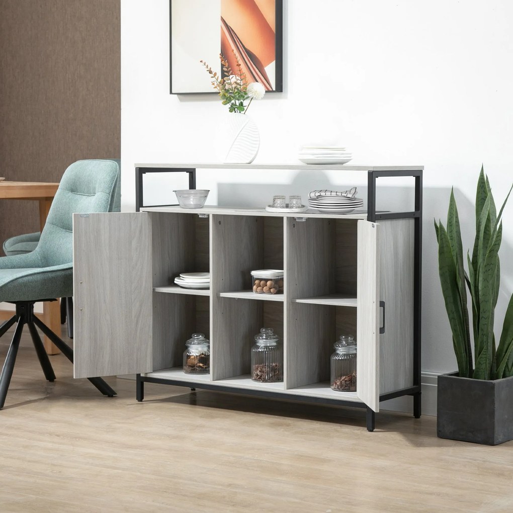 HOMCOM Moderní dřevěný kredenc se 2 skříňkami a policemi, světle šedý kuchyňský a vstupní kabinet, 100x34x87,2cm